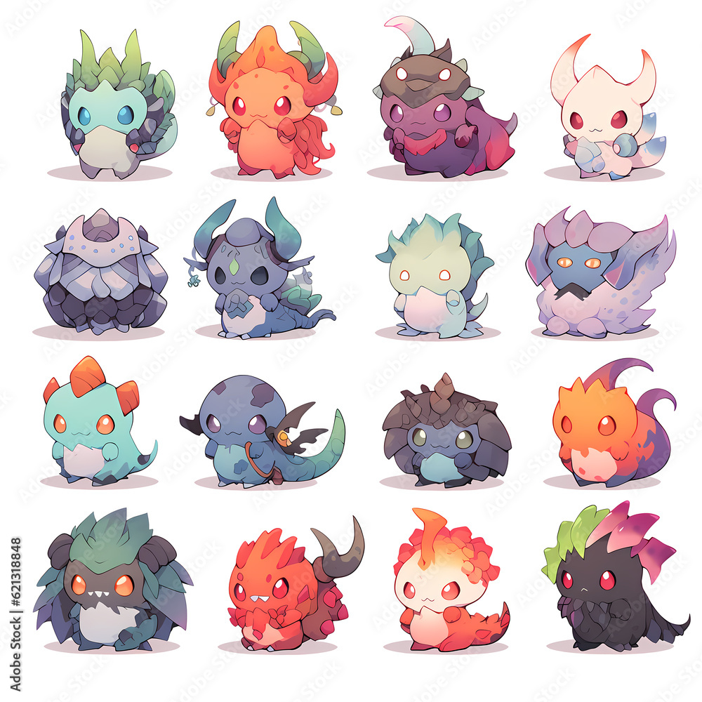 Clip art, character design sheet, Set of A monsters chibi isolated ...