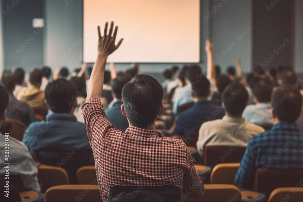 Students with their hands raised asking questions in a classroom at ...