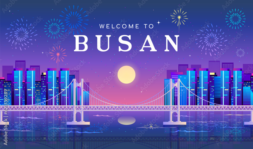 Welcome to Busan poster vector illustration. Beautiful Busan night city ...