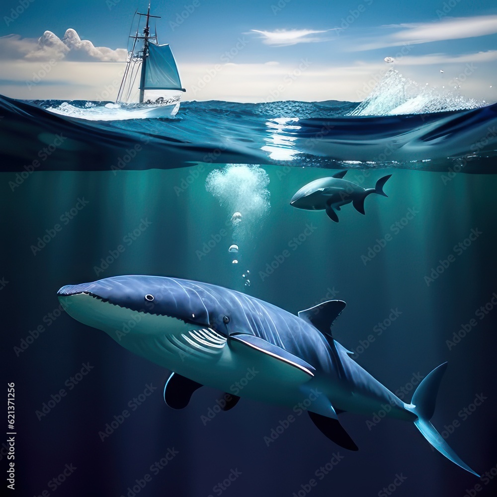 Underwater scene, blue whale with his cub swimming in deep ocean ...