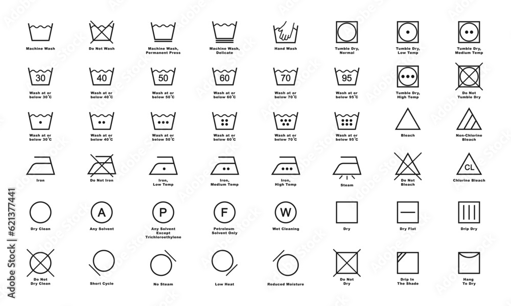 Laundry icon full set. Laundry symbols. Clothes care instruction icons ...