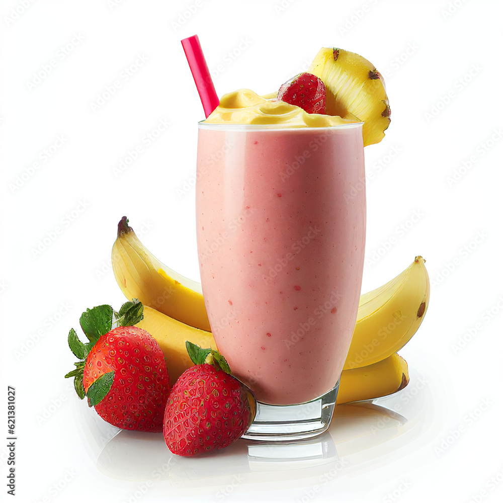 Extra Bright Strawberry banana smoothie with fruits isolated on white ...