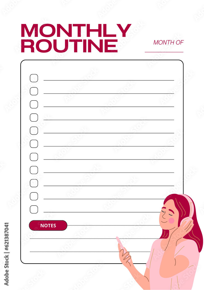 Monthly routine digital planning insert sheet printable page template ...