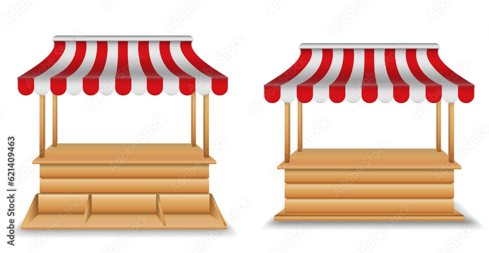realistic market stall wooden kiosk or market stall with striped awning ...