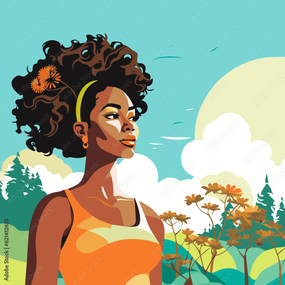 simple cartoon clipart black african american woman in nature white ...