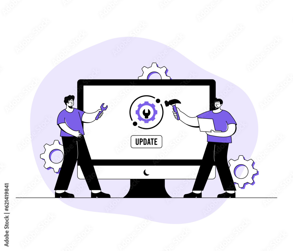 Computer with software update screen flat vector illustration, System maintenance, update ...