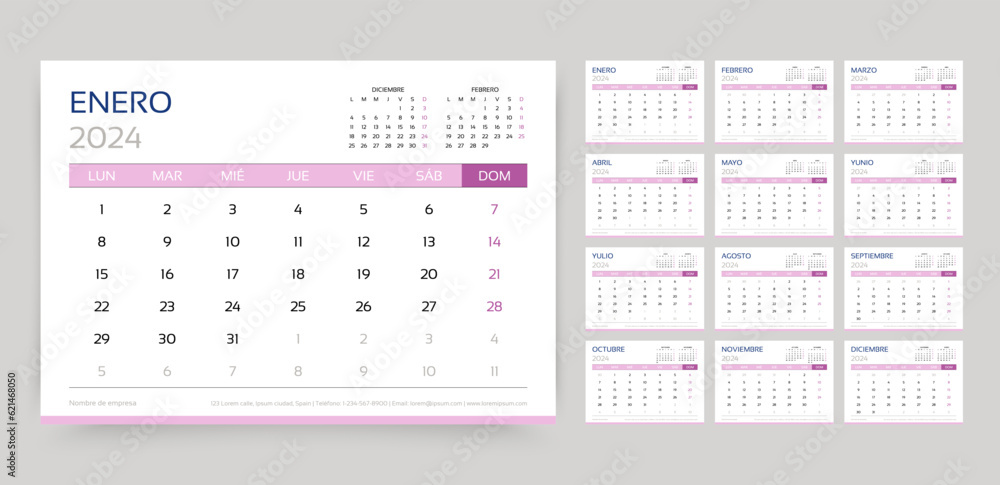 Calendar 2024 year. Spanish planner template. Week starts Monday ...