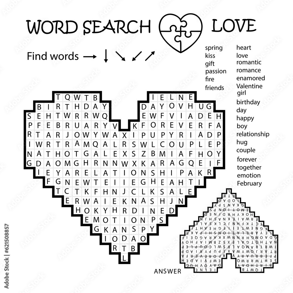 Word Search Crossword Puzzle. Heart. Love. Find the listed words in the ...