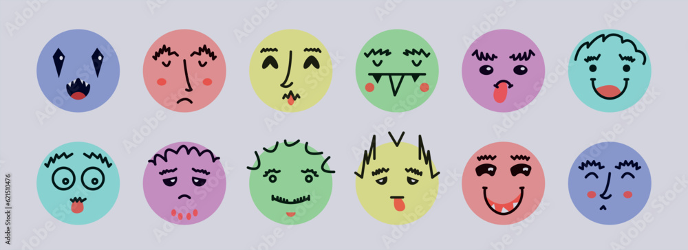 Abstract smile face icons. Cartoon round emoji avatars. Emoticon ...