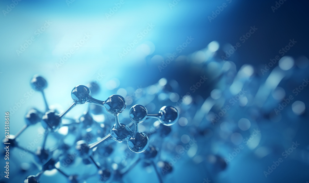 blue molecule atoms structures on blue liquid serum background. Science ...