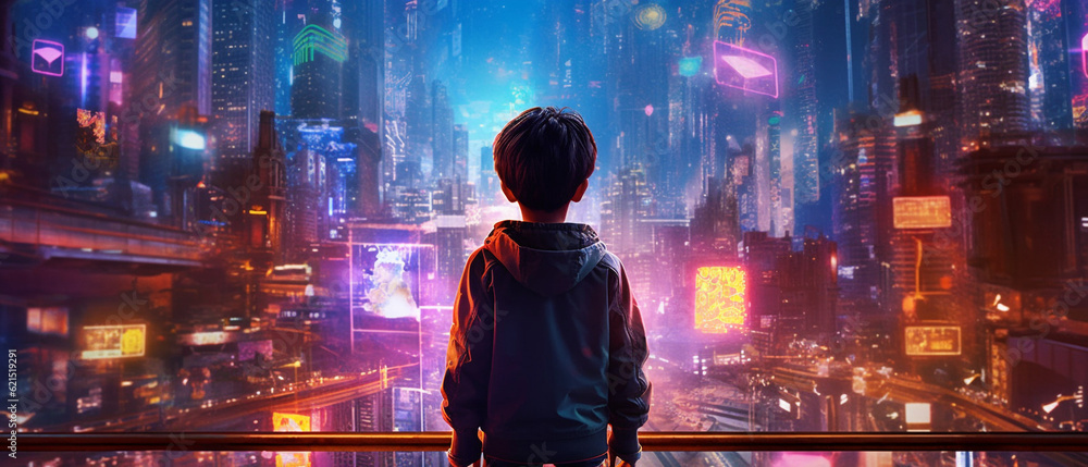 Kid standing in front of cyberpunk neon colored city - Generative AI ...