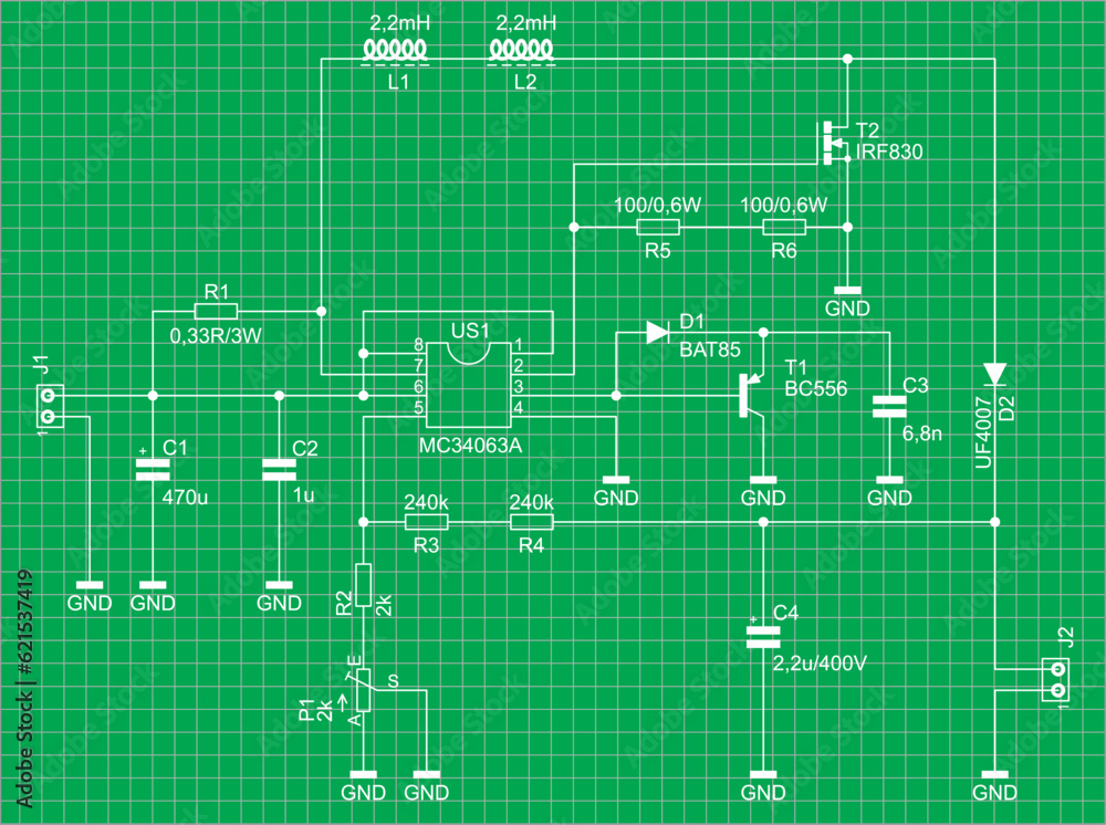 Circuit with electronic components (transistor, resistor, diode ...