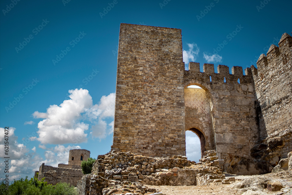 Main entrance gate of the 15th century medieval castle of Jimena de la ...