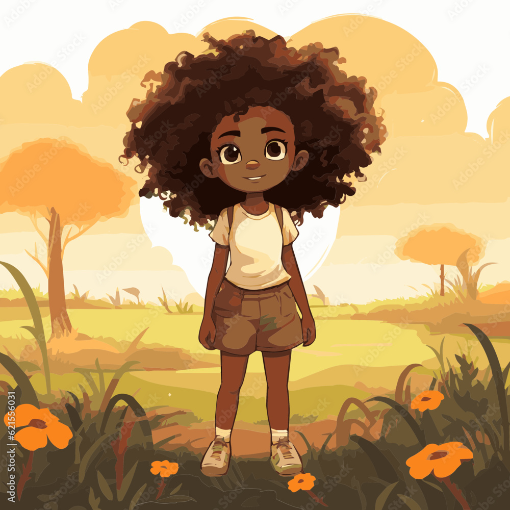 simple cartoon clipart black african american girl child in nature ...