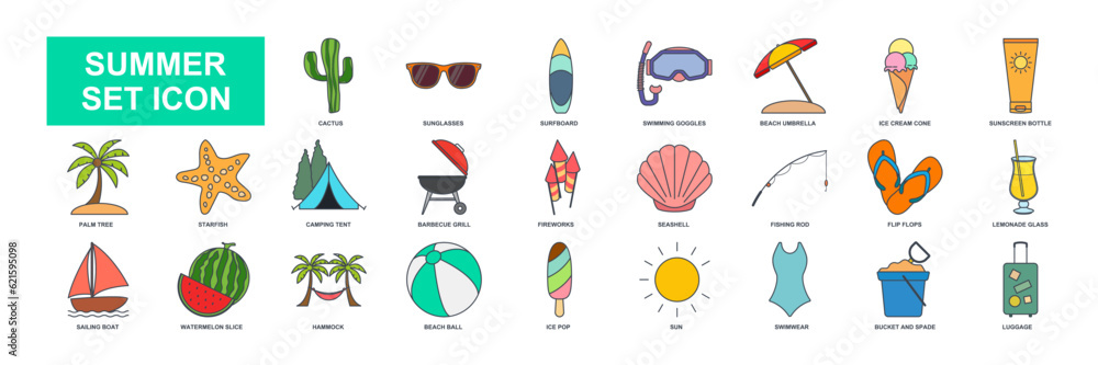 Summer icon set, travel symbols collection, logo illustrations, beach ...