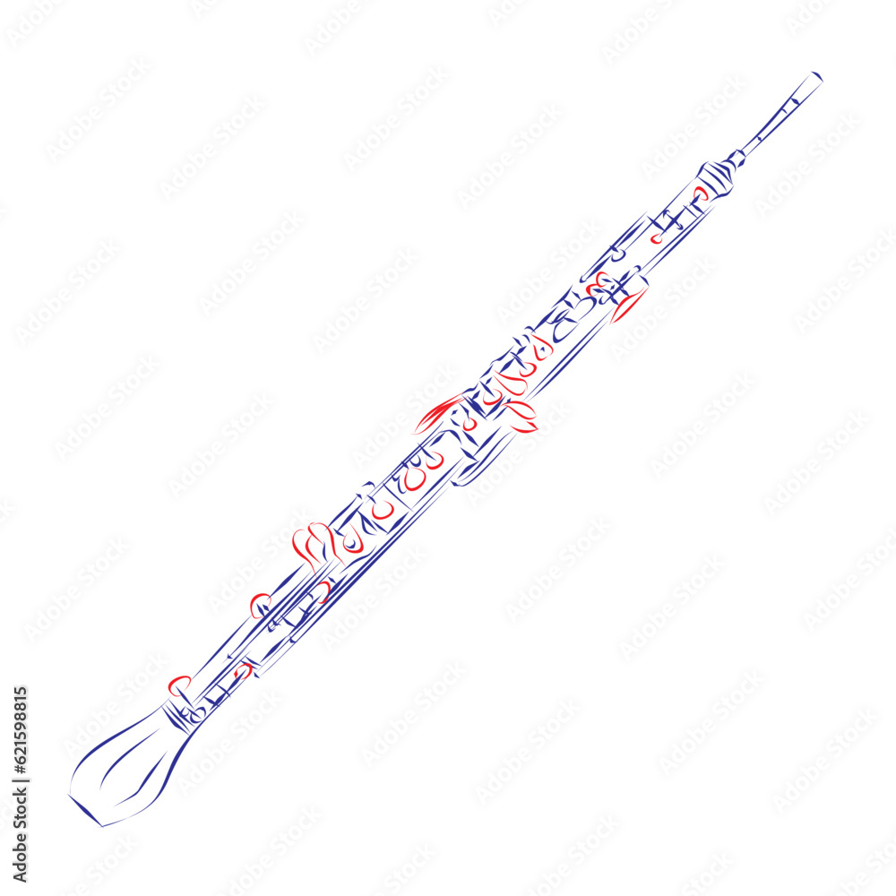 Continuous line drawing of an oboe with red keys, isolated on white ...