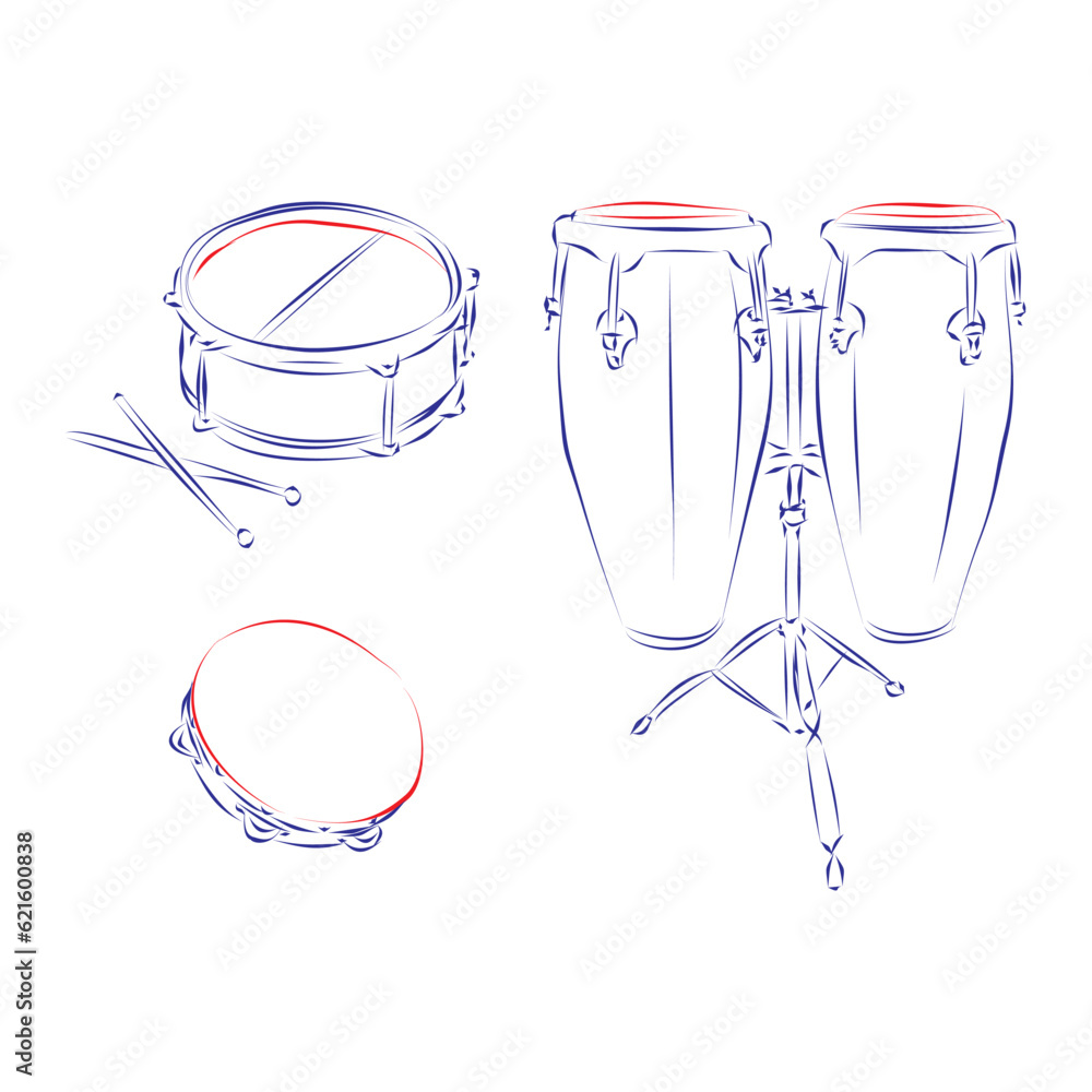 Continuous line drawing of a group of percussion instruments: drum ...