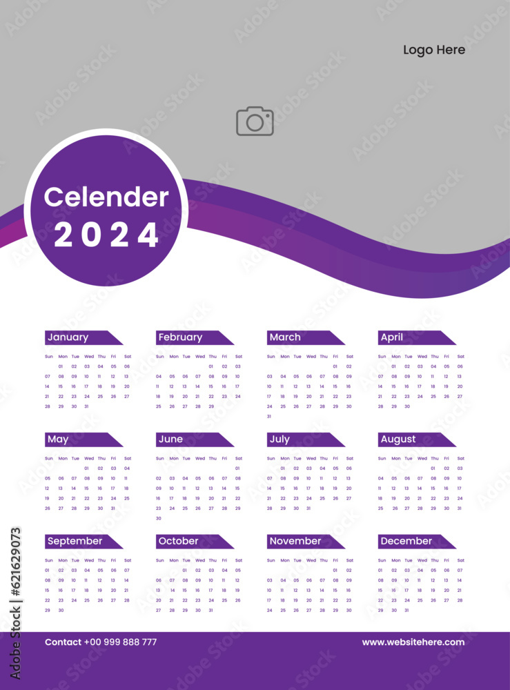 Monthly calendar design template for 2024 with purple color shapes ...