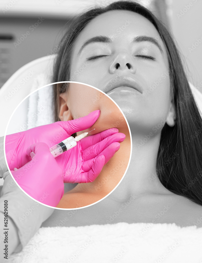 Foto Cosmetologist makes lipolytic injections to burn fat on the chin ...