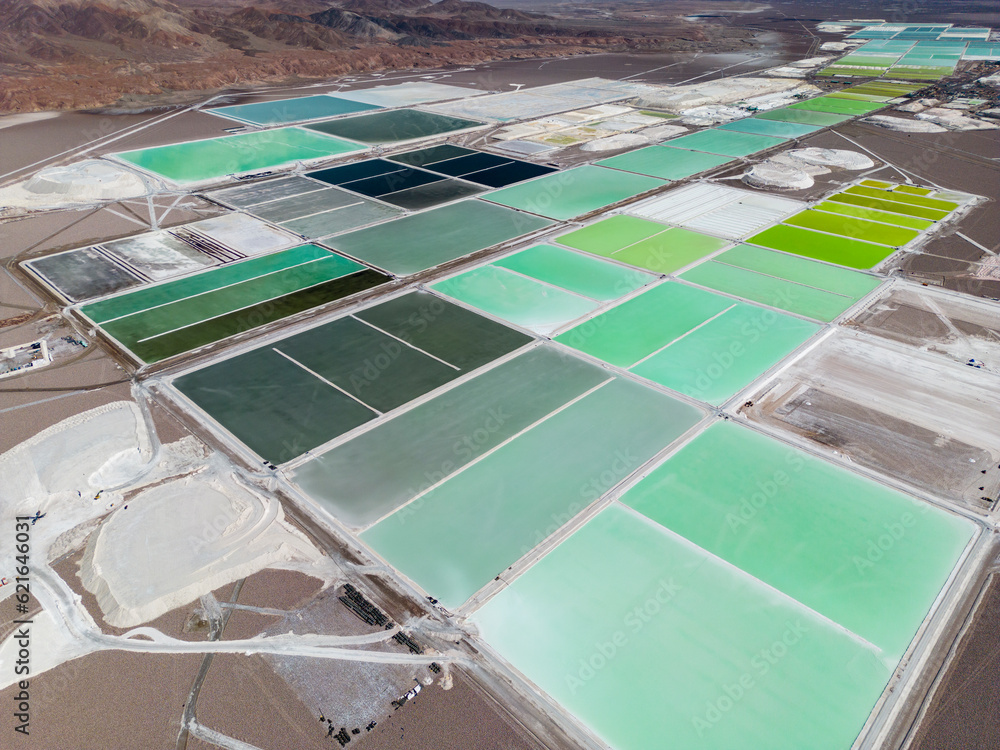 Lithium fields / evaporation ponds in the Atacama desert in Chile ...