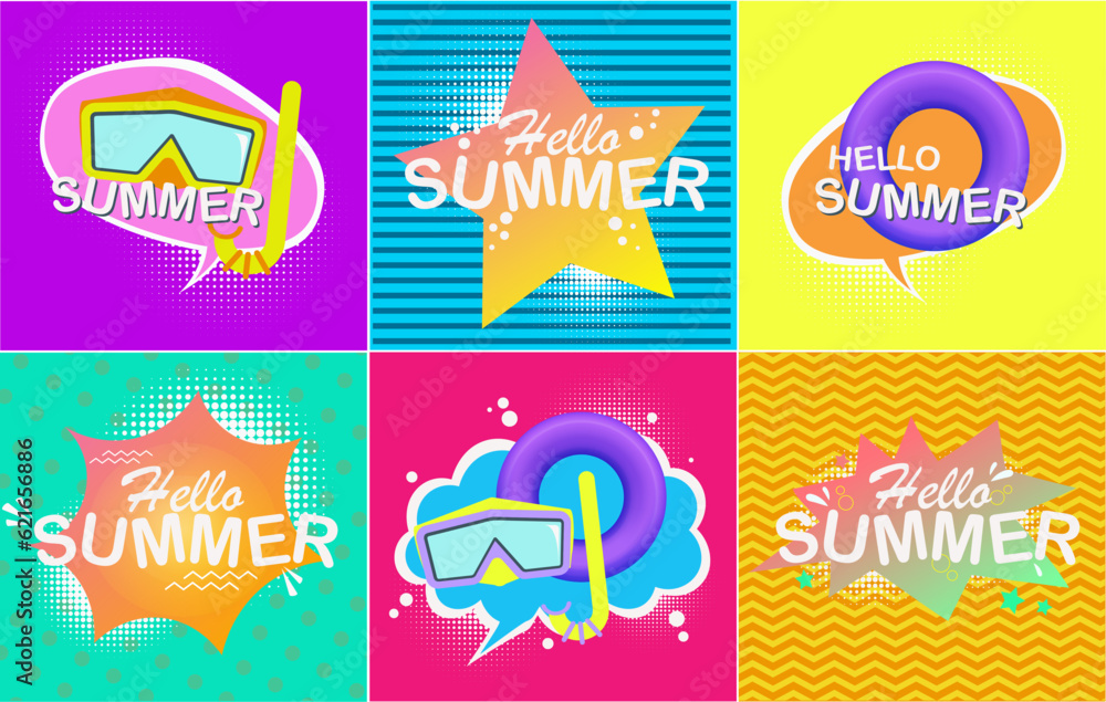 Stock-Vektorgrafik „Set of summer square wallpapers. Colorful logos ...