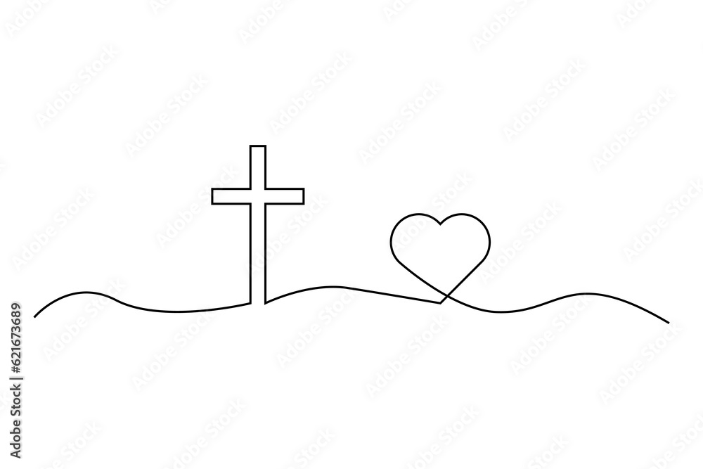 One Continuous line drawing cross of christ and heart. Vector ...