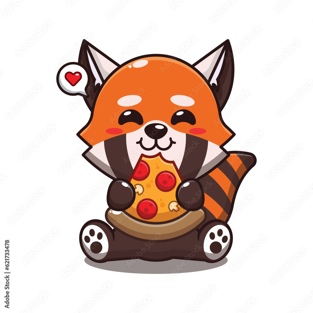 cute red panda eating pizza cartoon vector illustration. Stock Vector ...