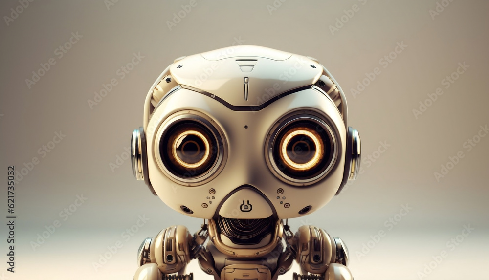 Scared shocked robot looking into the camera. Robot's face with big ...