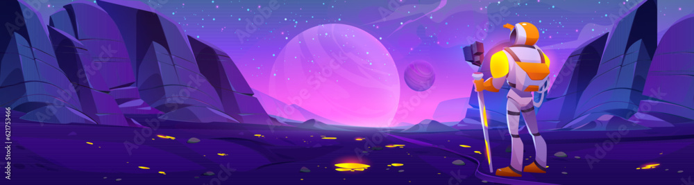 Astronaut standing on alien planet surface. Vector cartoon illustration ...