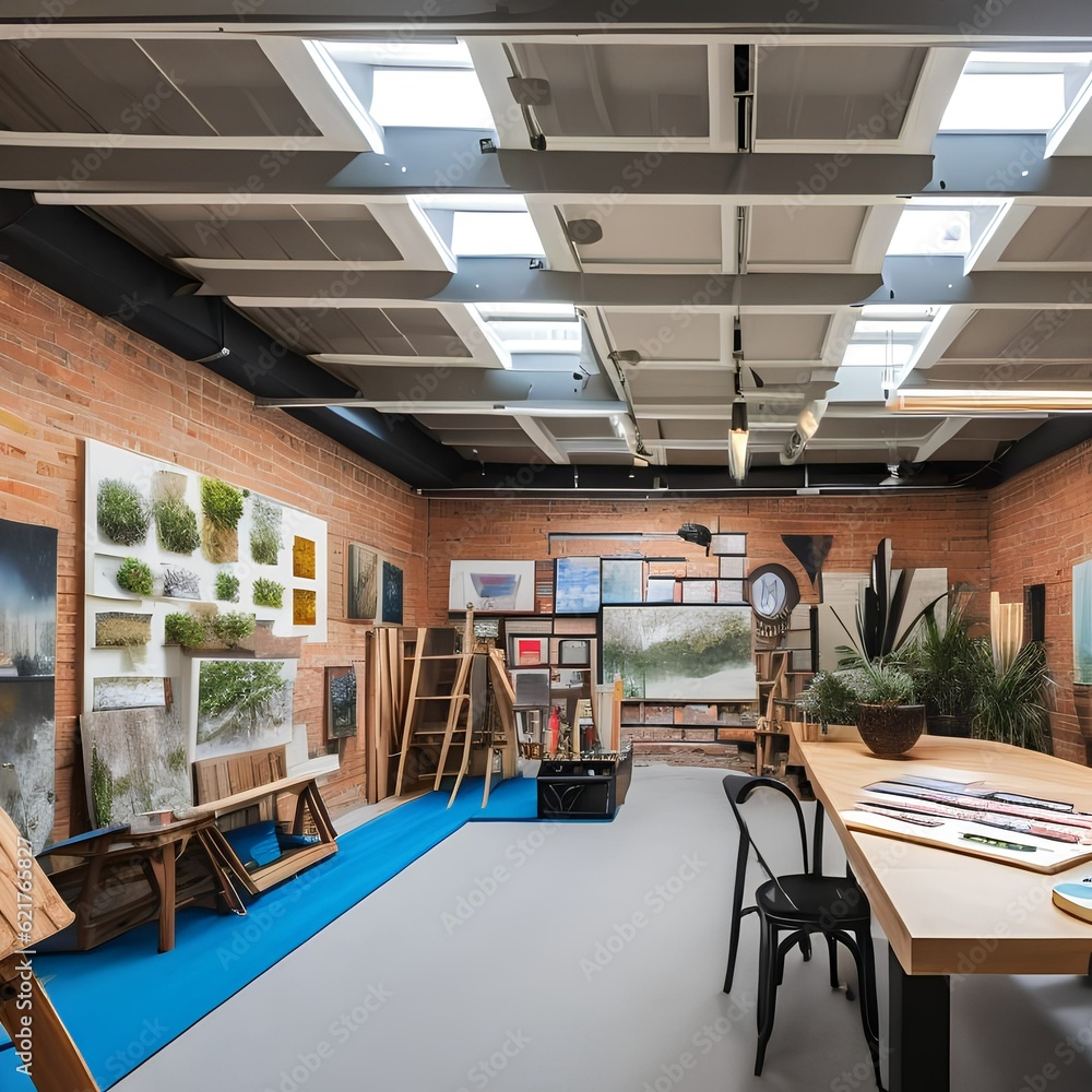 34 A contemporary art studio with high ceilings, skylights, and an ...