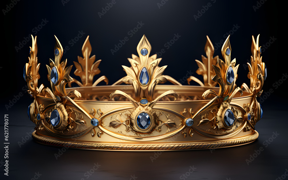 A golden crown, elegant structure, adorned with symbols of power and ...