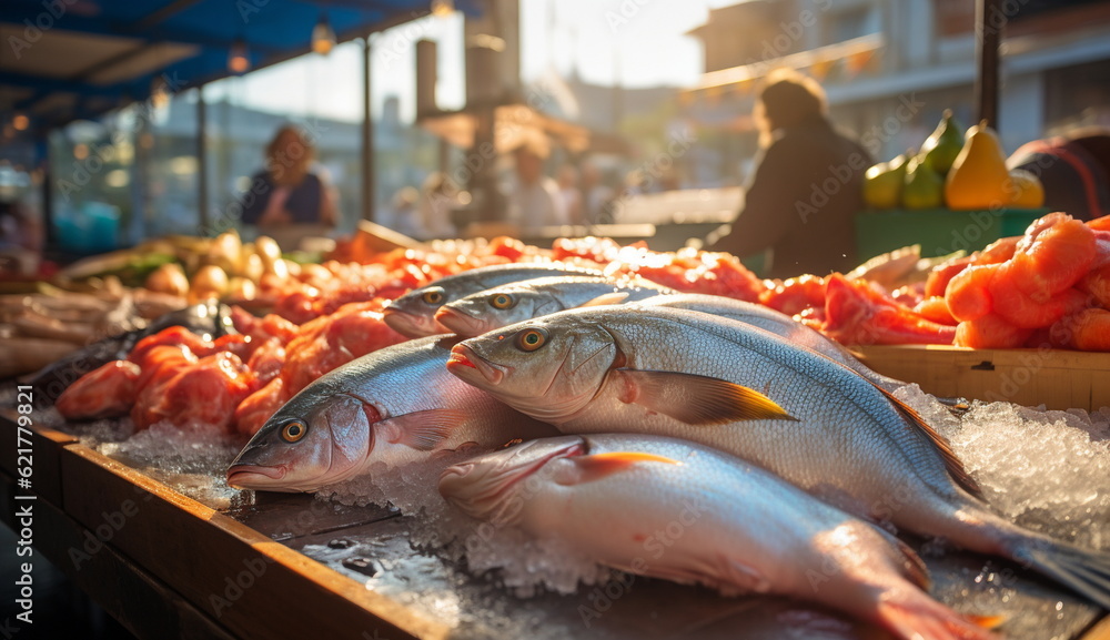 A vibrant scene at the harbor market, where a bustling fish stall ...