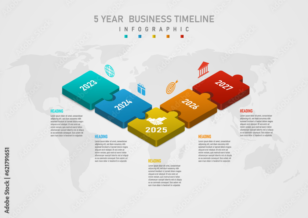 3D infographic business template timeline 5 years multi colored ...