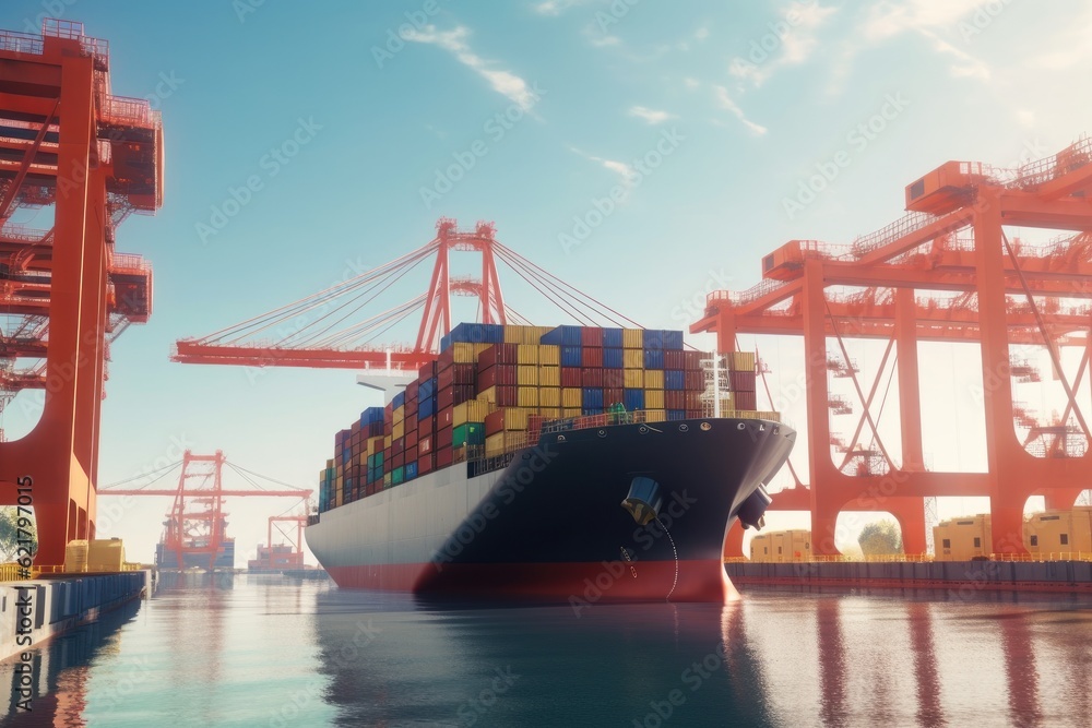 Container ship at the berth in the cargo terminal of the port. A fully ...