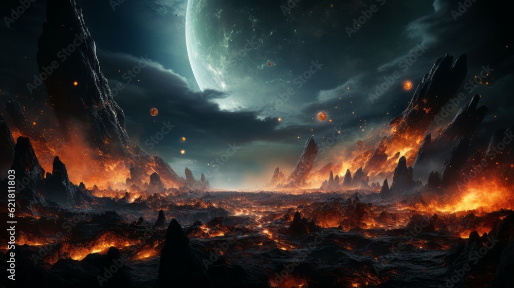 Fantasy landscape of fiery planet with glowing stars, nebulae, massive ...