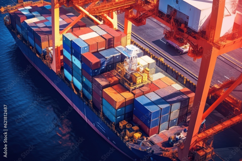 Aerial close up view of a cargo container ship at the pier of cargo ...
