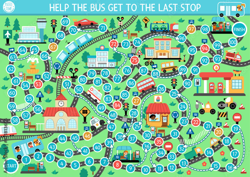 City transport dice board game for children with railway, roads ...