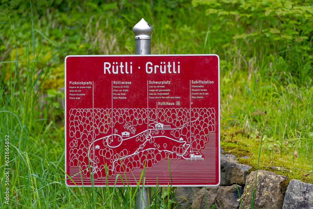 Famous Rütli with table and map where the foundation of historic ...