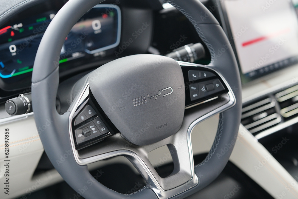 Shanghai,China-July 9th 2023: BYD brand logo on steering wheel. Chinese ...