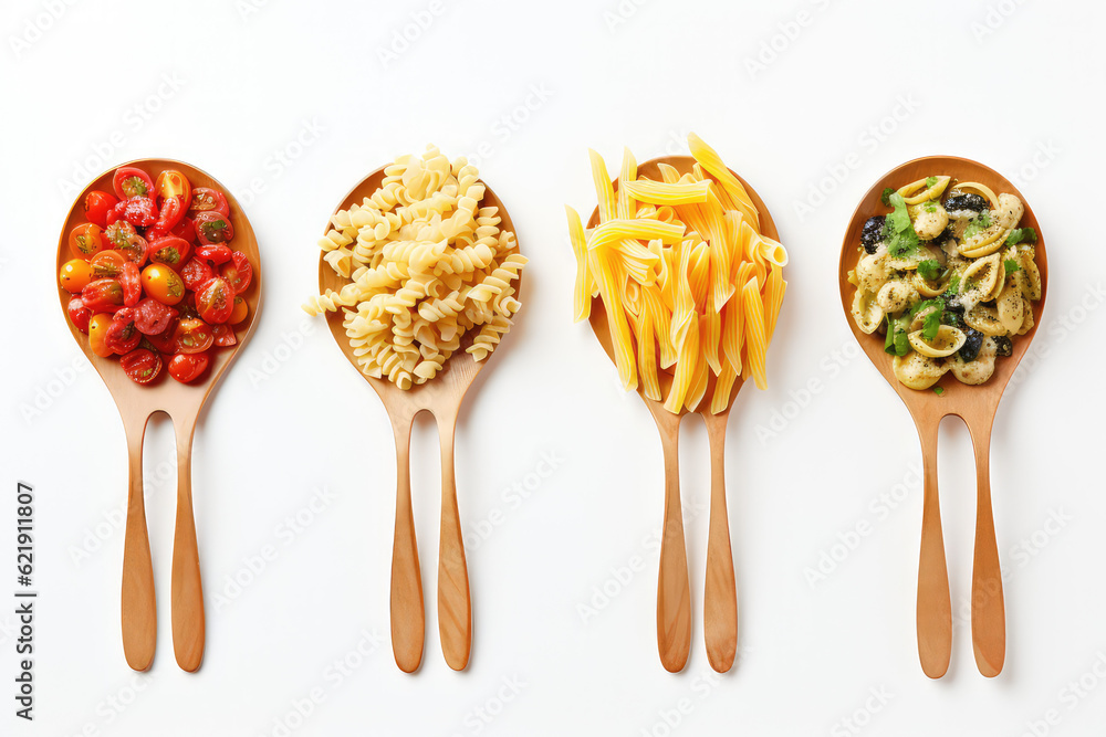 Above view of wooden spoons with different types of pasta inside ...