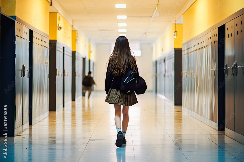 Ilustración de Stock Schoolgirl walking alone down school hallway from ...