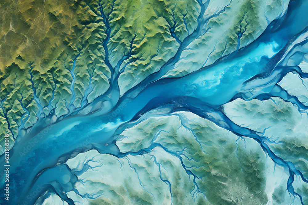 Digital elevation model of a riverway. A meandering and curving river ...