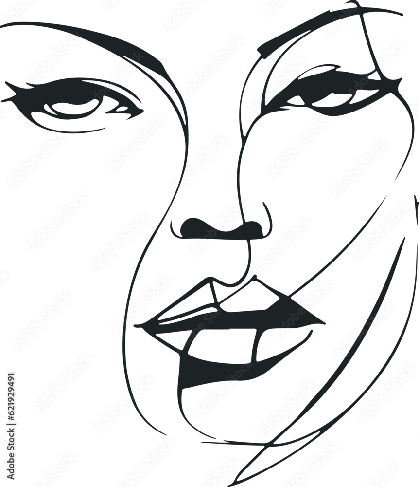 line face Female portrait black white Vector hand drawn illustration ...