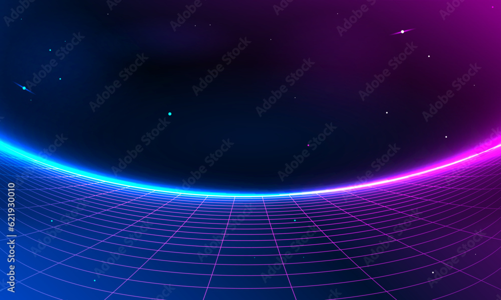 80s Retro Sci-Fi Background Futuristic Grid landscape. Digital cyber ...