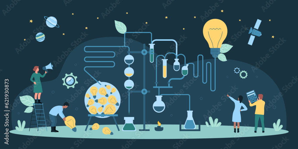 Cartoon tiny people work with scientific equipment, develop innovations ...