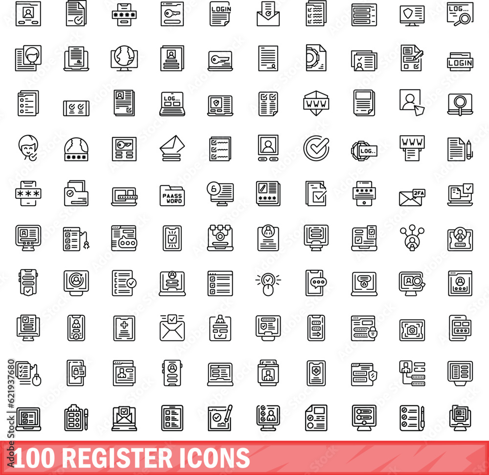 100 register icons set. Outline illustration of 100 register icons ...