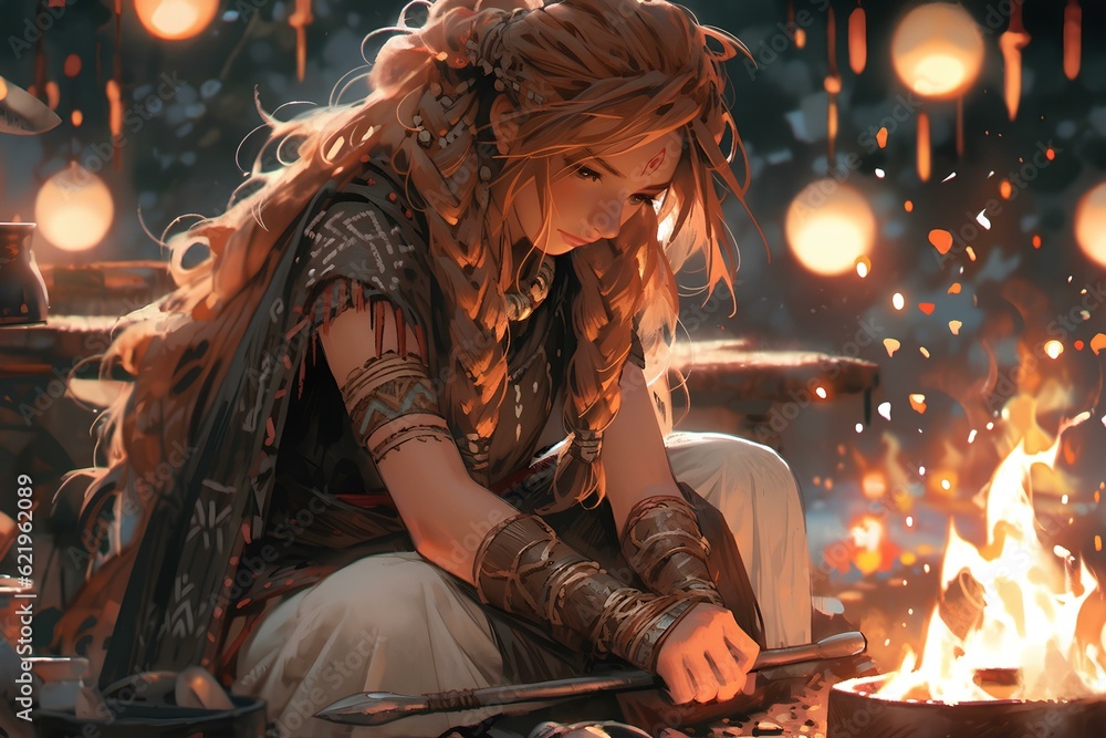 barbarian woman sharpening her weapon at the campfire in the style of ...
