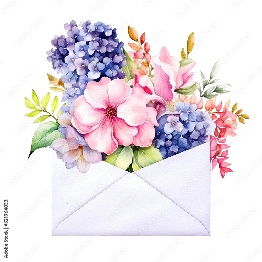 Watercolor of a envelope with flowers Clipart isolated on Transparent ...