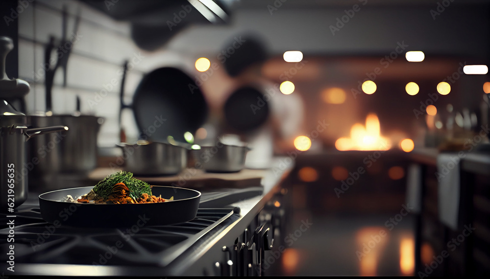 Professional restaurant kitchen interior, indoor dark background with ...