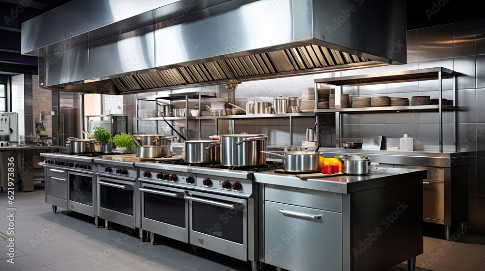Empty restaurant kitchen with professional equipment Stock Illustration ...